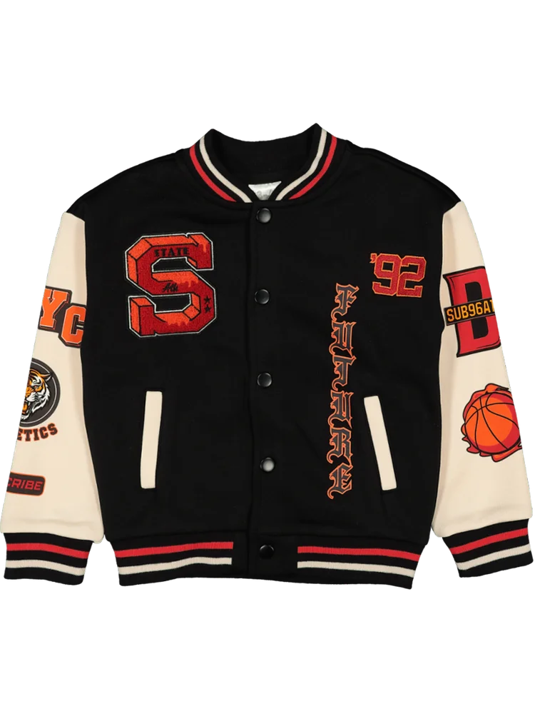 Graphic Varsity Jacket With Patches & Ribbed Trim – PEP Online